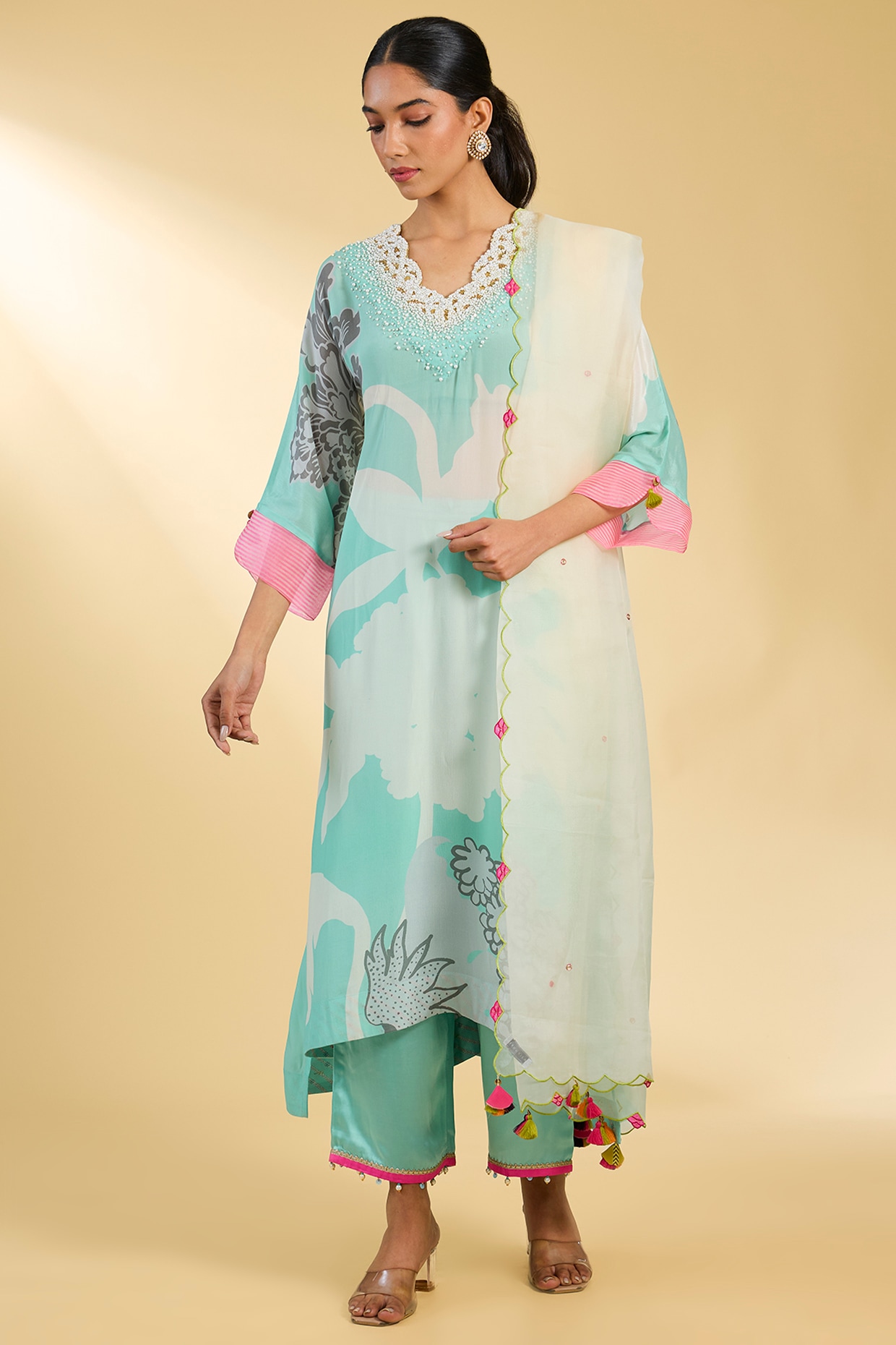 Powder Blue Crepe Printed & Embroidered Kurta Set by Raji Ramniq at Pernia's Pop Up Shop 2025