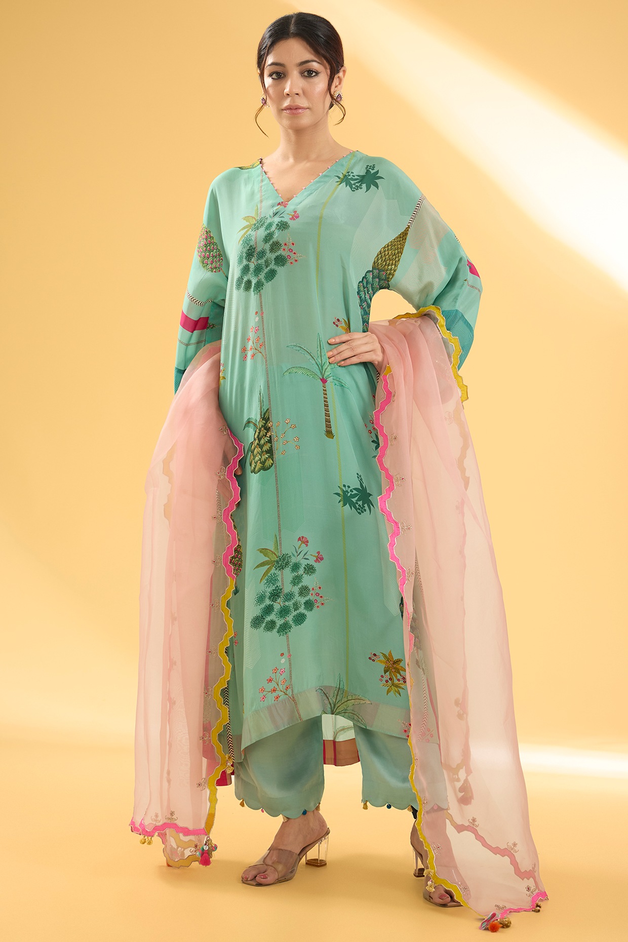Powder Blue Crepe & Organza Printed Kurta Set by Raji ramniq at Pernia's Pop Up Shop 2025