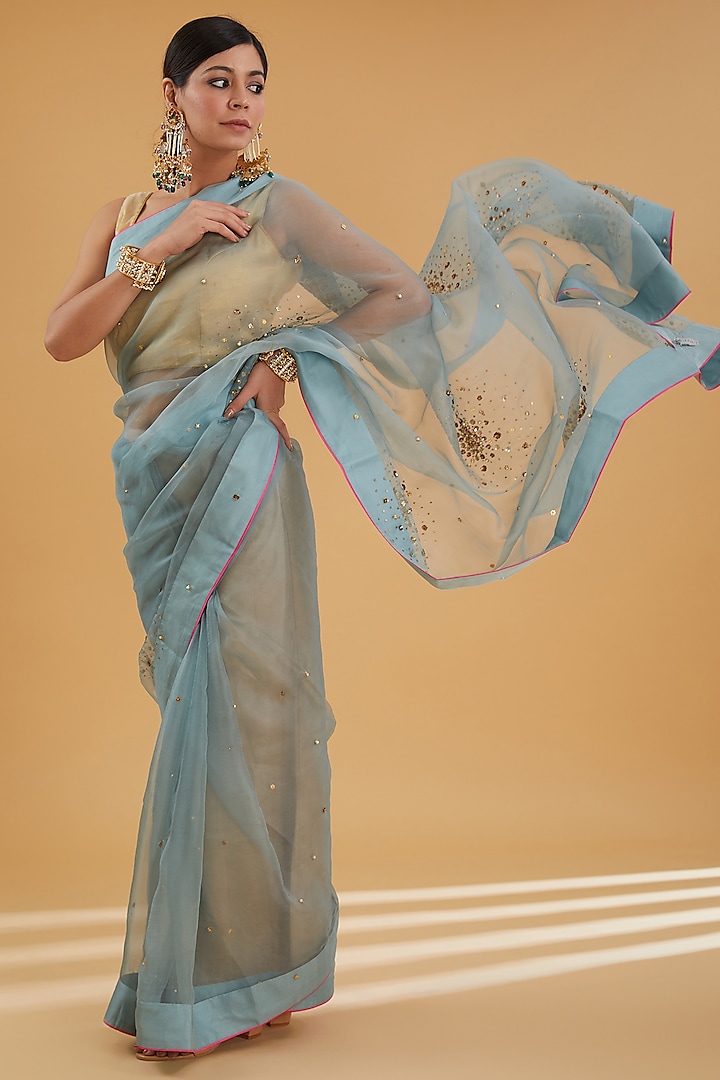 Ice Blue Organza Sequins Floral Embroidered Saree Set Design by Raji ...