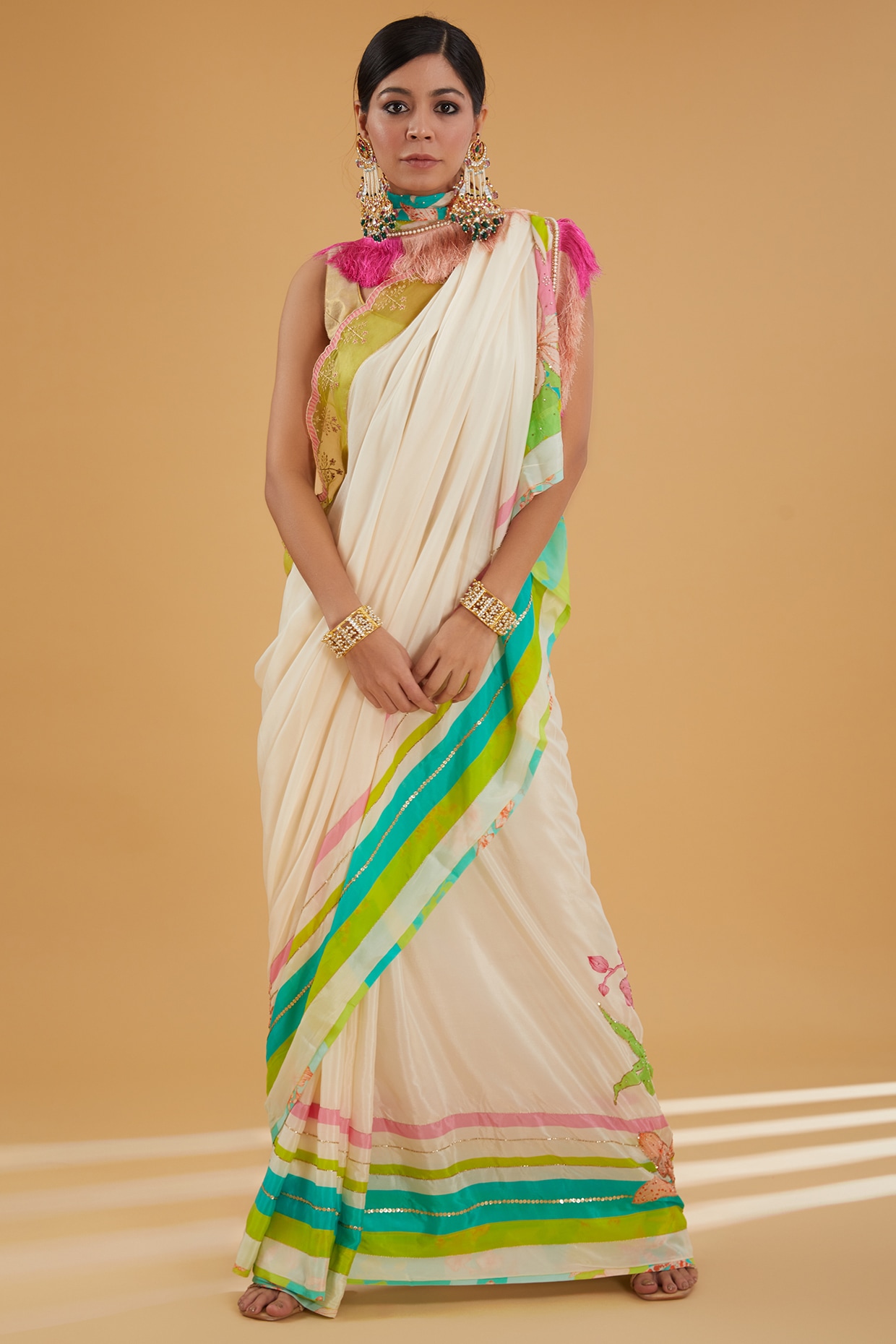 Ivory Crepe Printed & Hand Embroidered Saree Set by Raji Ramniq at ...