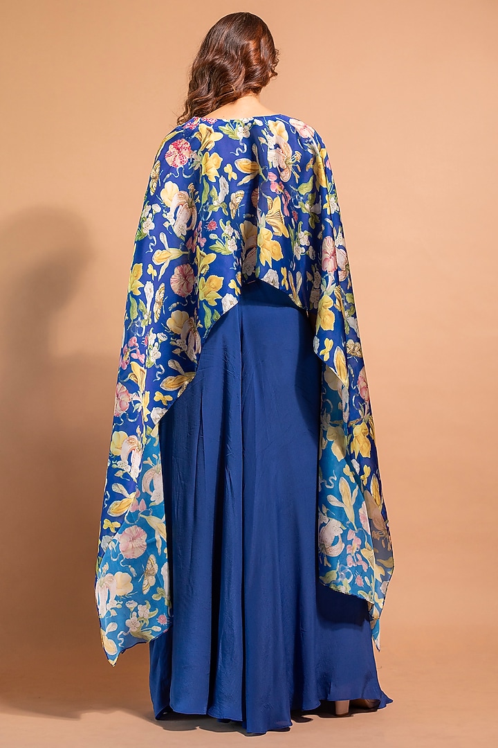 Cobalt Blue Pure Satin Organza & Crepe Floral Printed Poncho Set by ...