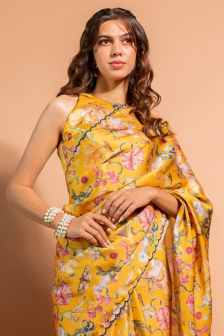 Yellow Satin Organza Floral Printed Saree Set by RIDDHI JAIN LABEL at ...