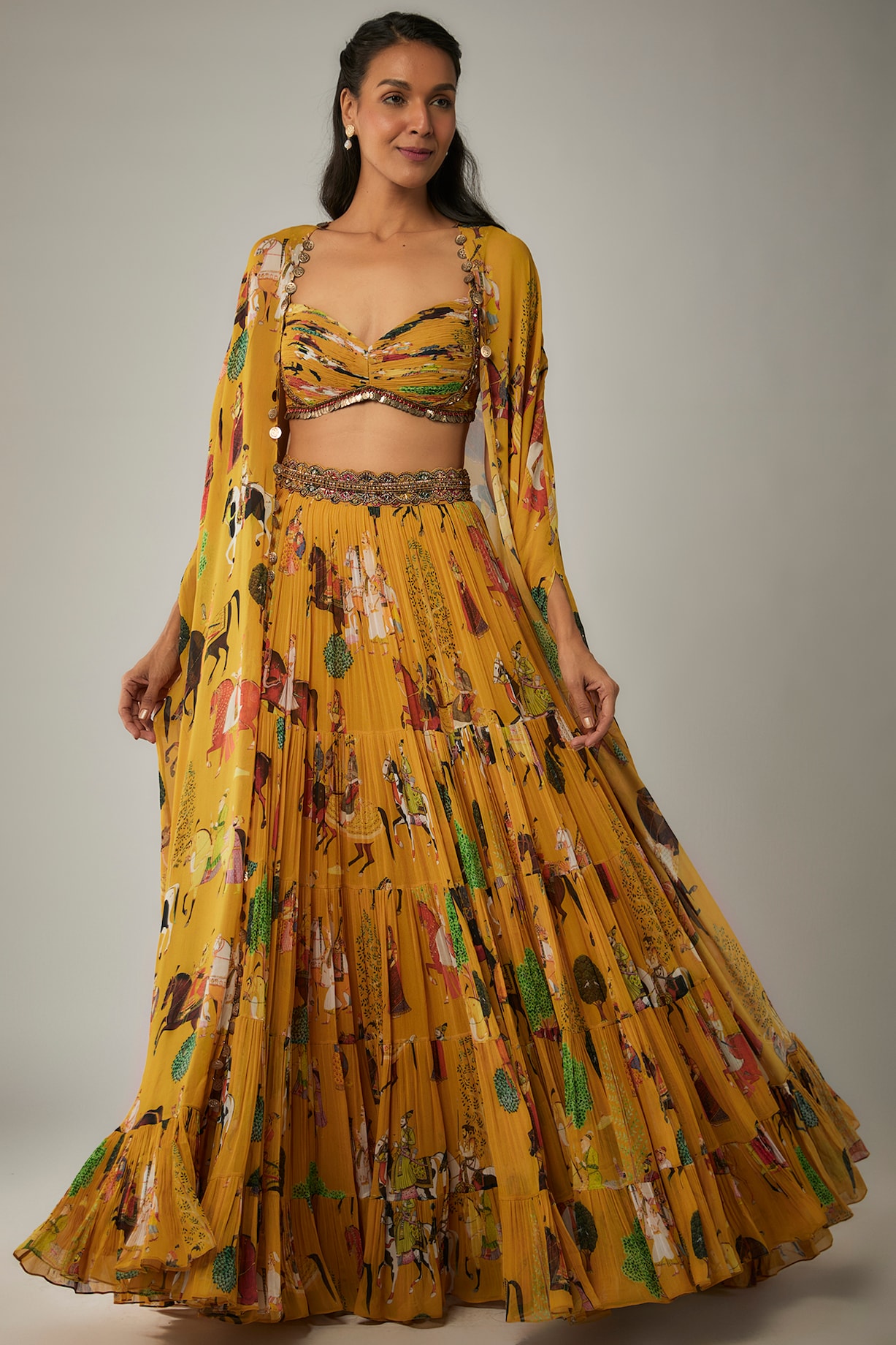 Mango yellow Georgette Hand Embroidered Jacket Wedding Lehenga Set by ...
