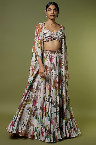 Ivory Georgette Hand Embroidered Flowy Wedding Lehenga Set by Rajat ...