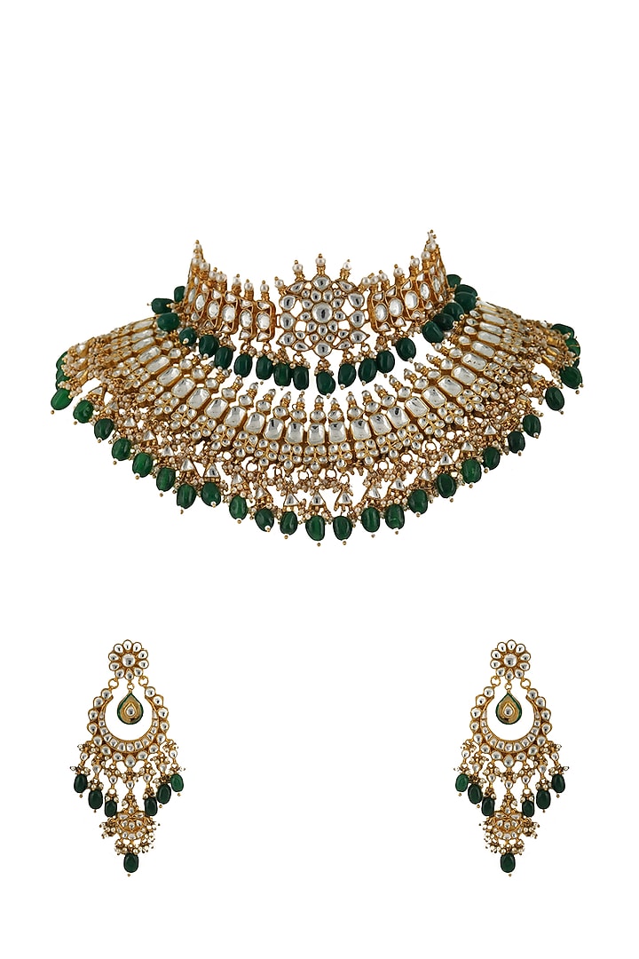Gold Plated White Jadtar Stones & Green Beads Necklace Set by Riana ...