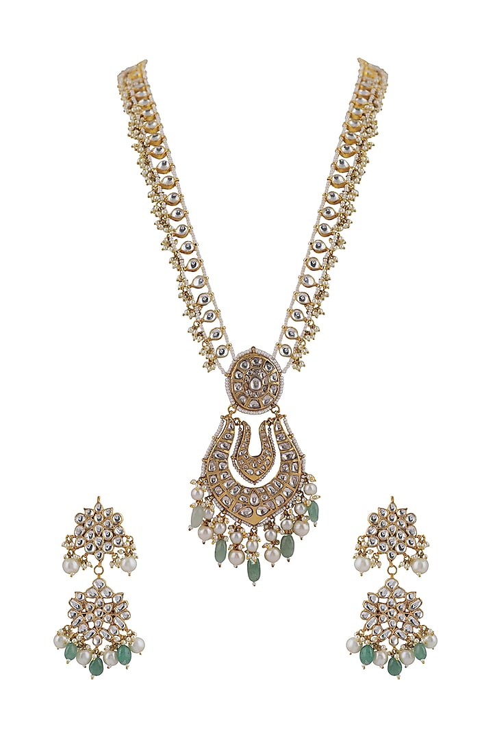 Gold Plated Jadtar & Sea Green Beaded Long Necklace Set by Riana ...