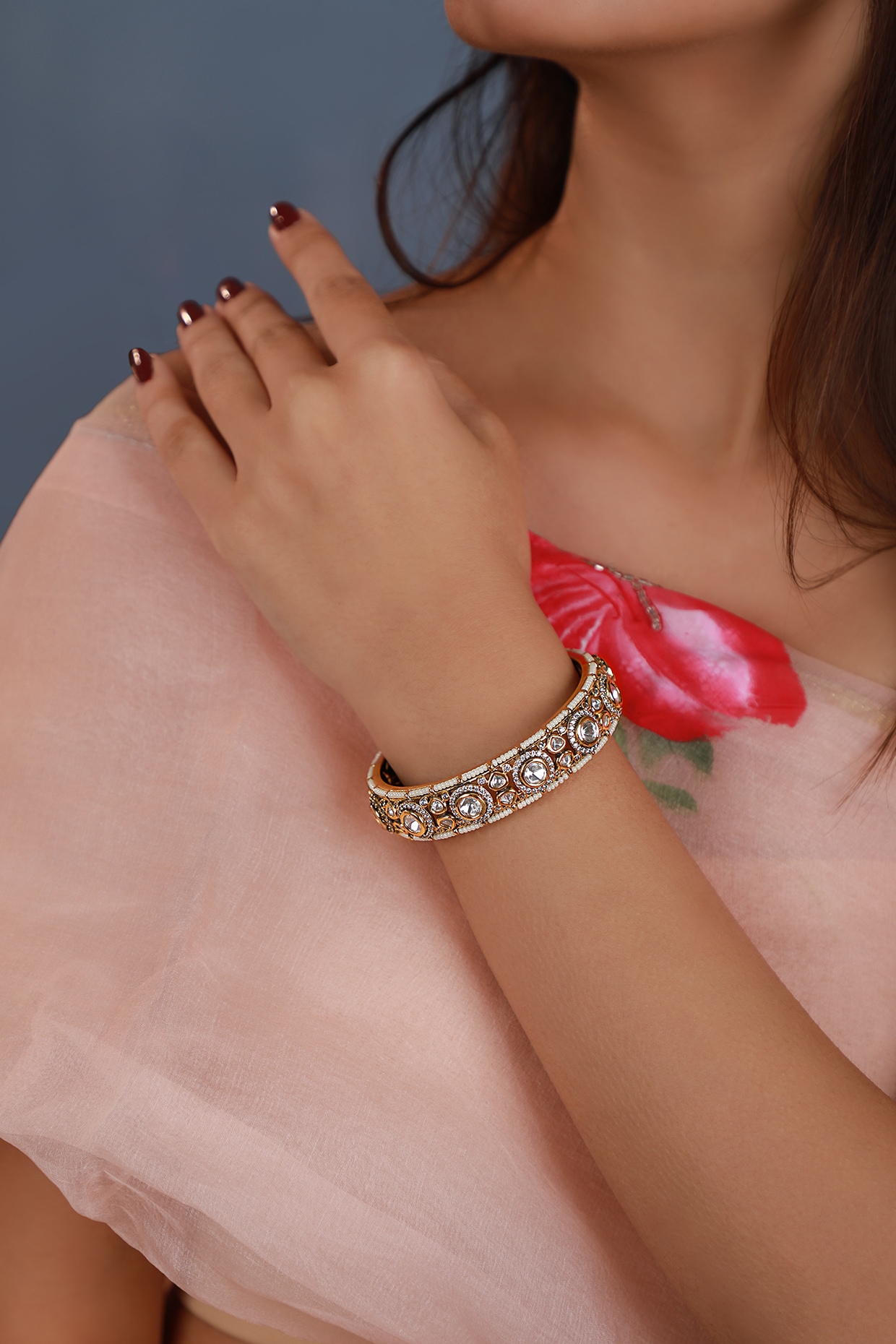 Matte Gold Plated White Jadtar Stone Adjustable Bangle by Riana Jewellery at Pernia's Pop Up ...