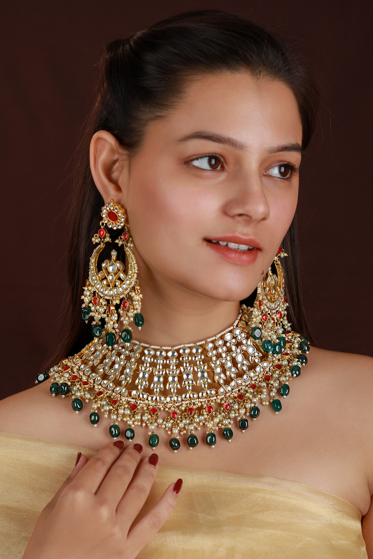 Matte Gold Plated Pink & Green Jadtar Stone Necklace Set by Riana ...