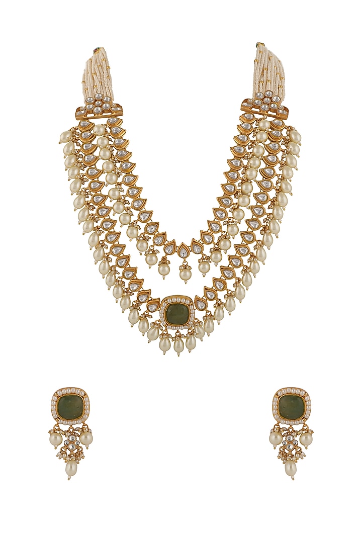 Gold Plated Mehendi Green Jadtar & Pearl Layered Necklace by Riana ...