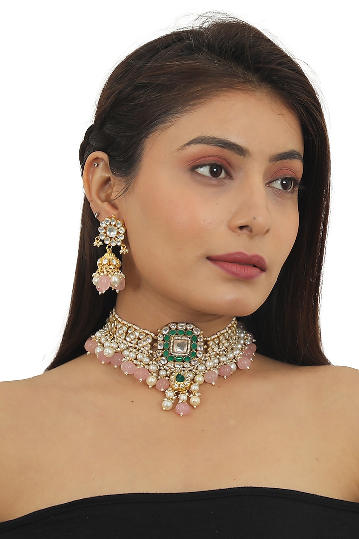 Gold Plated Jadtar Stones Choker Necklace Set Design by Riana Jewellery ...