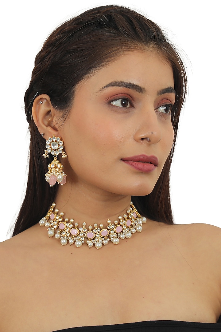 Gold Plated Pink Jadtar Choker Necklace Set by Riana Jewellery at ...