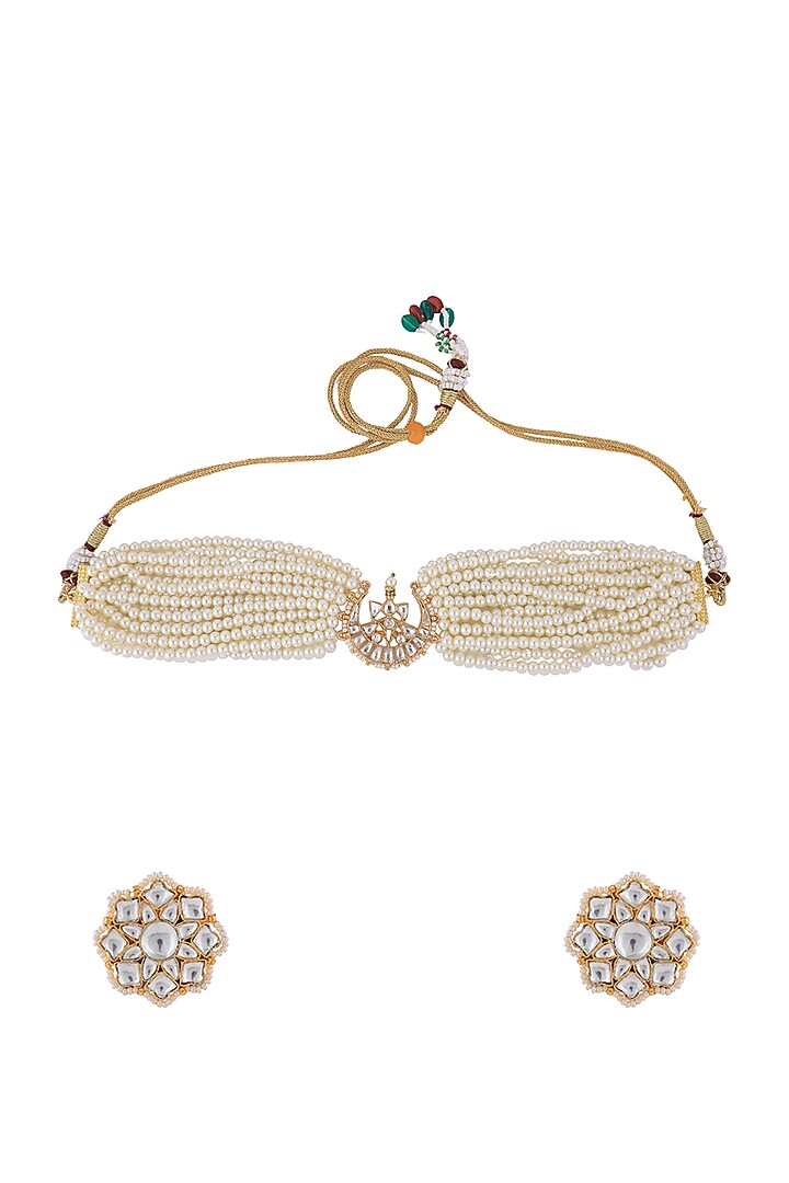 Matt Gold Plated Jadtar Stone & Pearl Choker Necklace Set by Riana ...