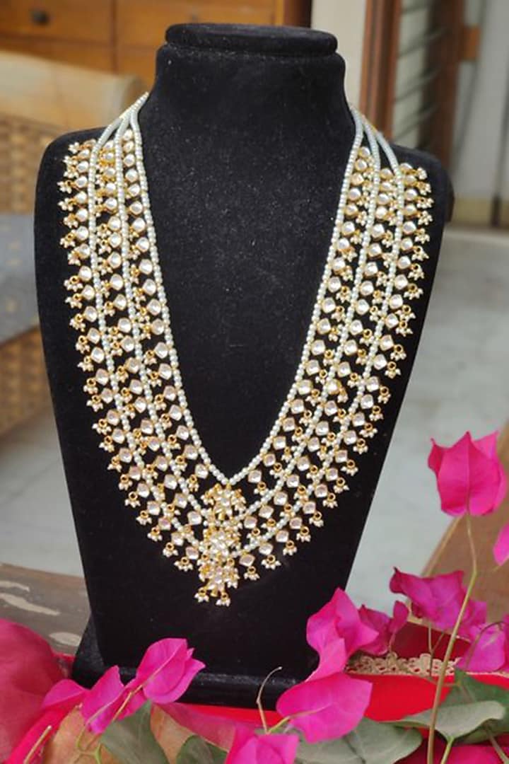 Gold Plated Pearl & Jadtar Stone Layered Mala by Riana Jewellery Men at ...