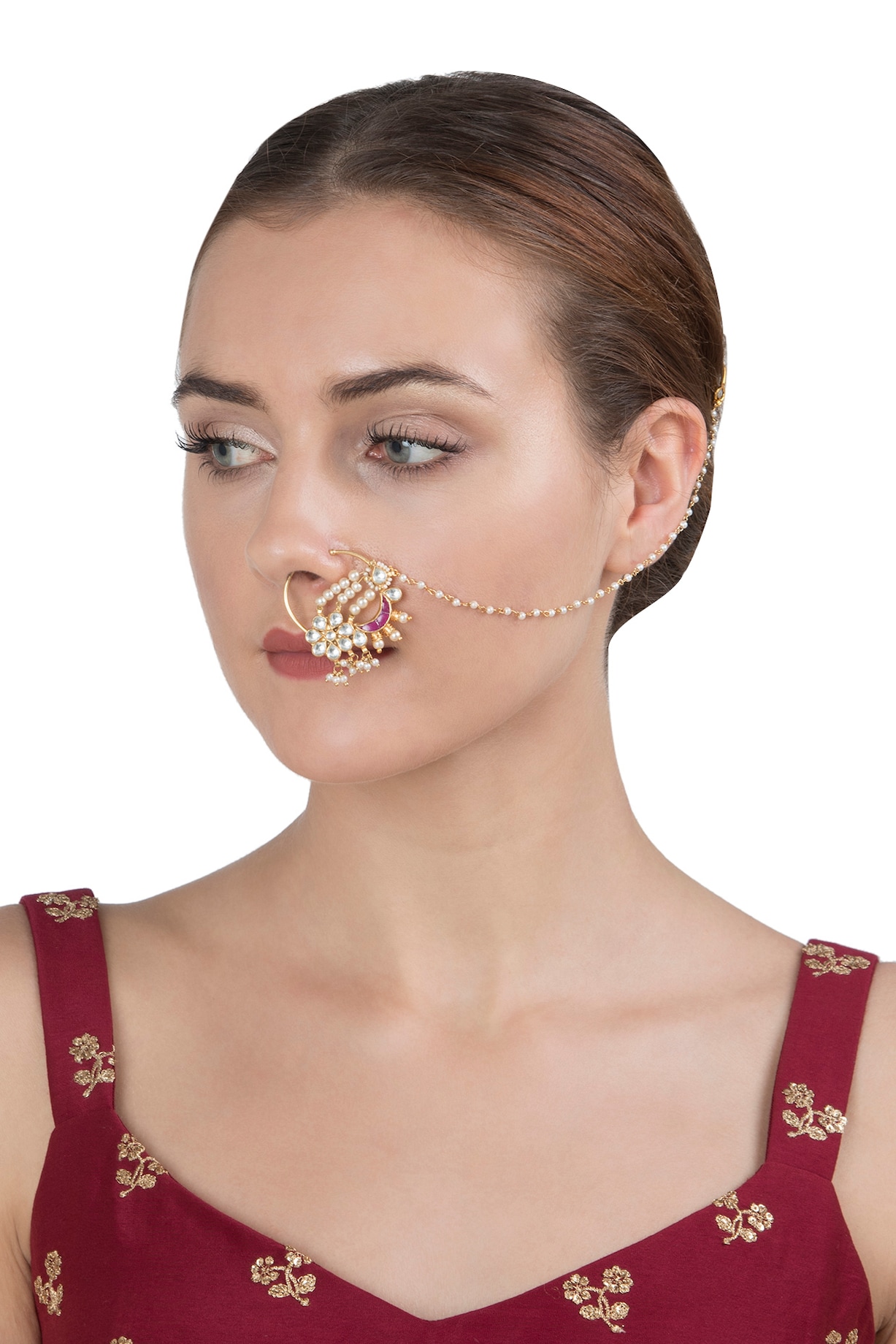 Gold plated red and white nath available only at Pernia's Pop Up Shop. 2024