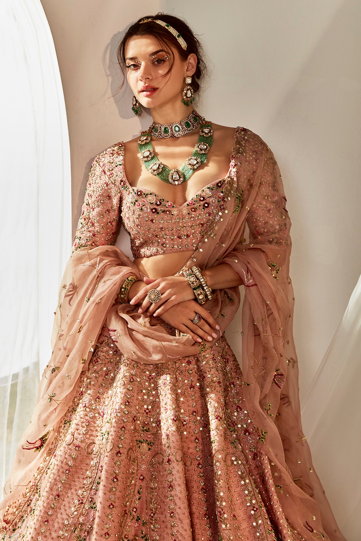 Rachit Khanna Old Rose Gold Raw Silk Glass Beads Embroidered Lehenga Set for Women at Pernia s Pop Up Shop Online