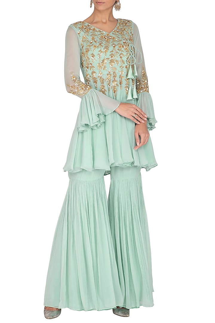 Teal Blue Embroidered Short Anarkali With Gharara Pants by Rachit ...