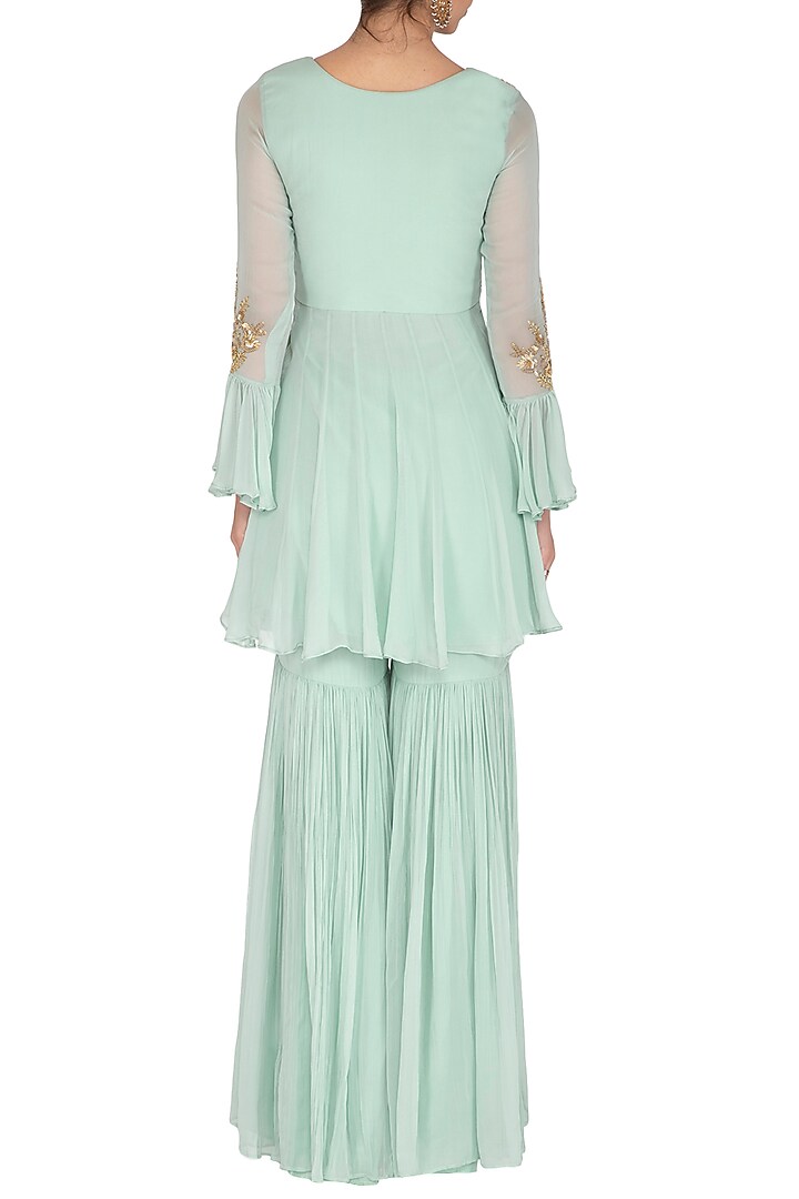 Teal Blue Embroidered Short Anarkali With Gharara Pants by Rachit ...