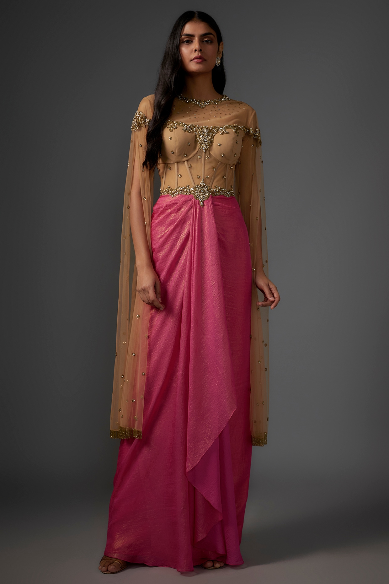 Gold & Hot Pink Metallic Georgette Embroidered Draped Gown by Rocky ...