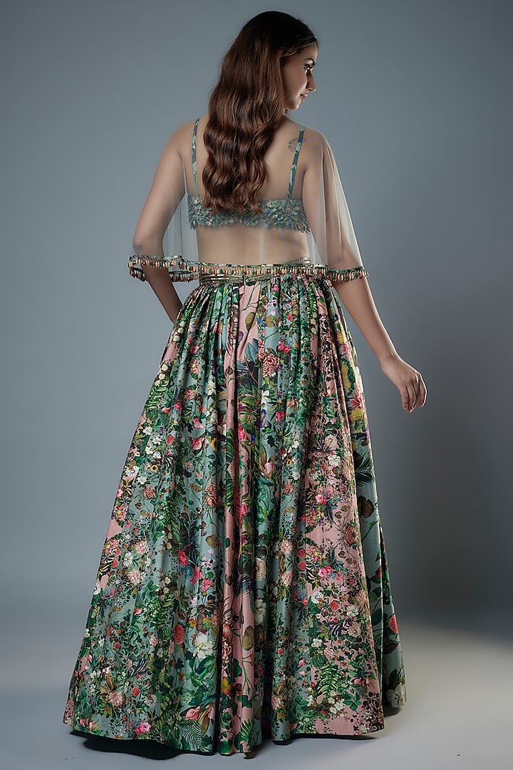 Multi-Colored Raw Silk Floral Printed & Embroidered Jacket Lehenga Set ...