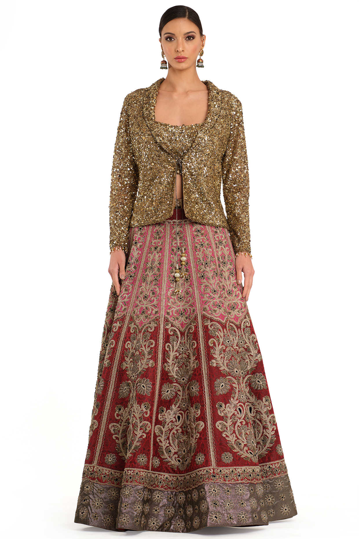 Multi Colored Brocade Embroidered Jacket Lehenga Set Design By Rocky