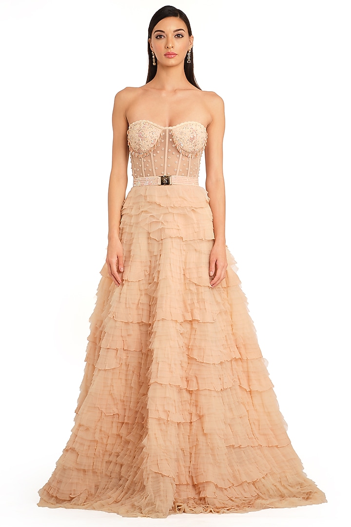 Peach Net Embroidered Corset Gown by Rocky Star at Pernia's Pop Up Shop ...