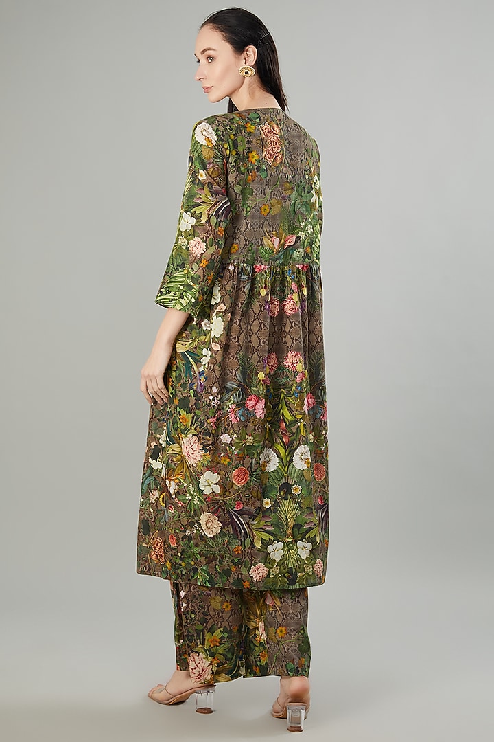 Multi-Colored Mulmul Floral Printed & Embroidered Tunic Set Design by ...