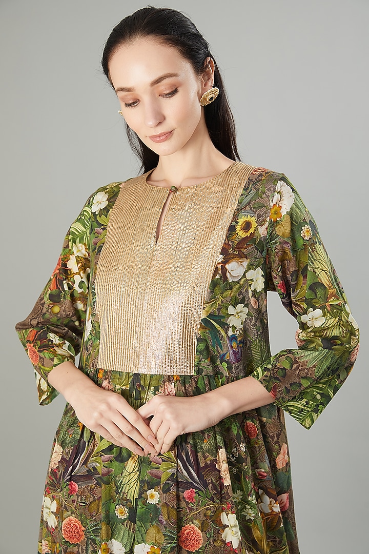 Multi-Colored Mulmul Floral Printed & Embroidered Tunic Set Design by ...