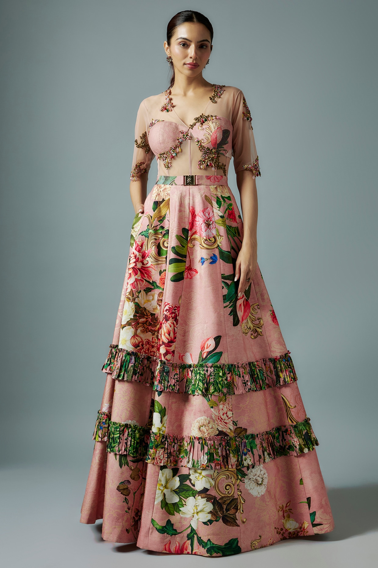 Pink Raw Silk & Net Botanical Printed Gown by Rocky Star at Pernia's ...
