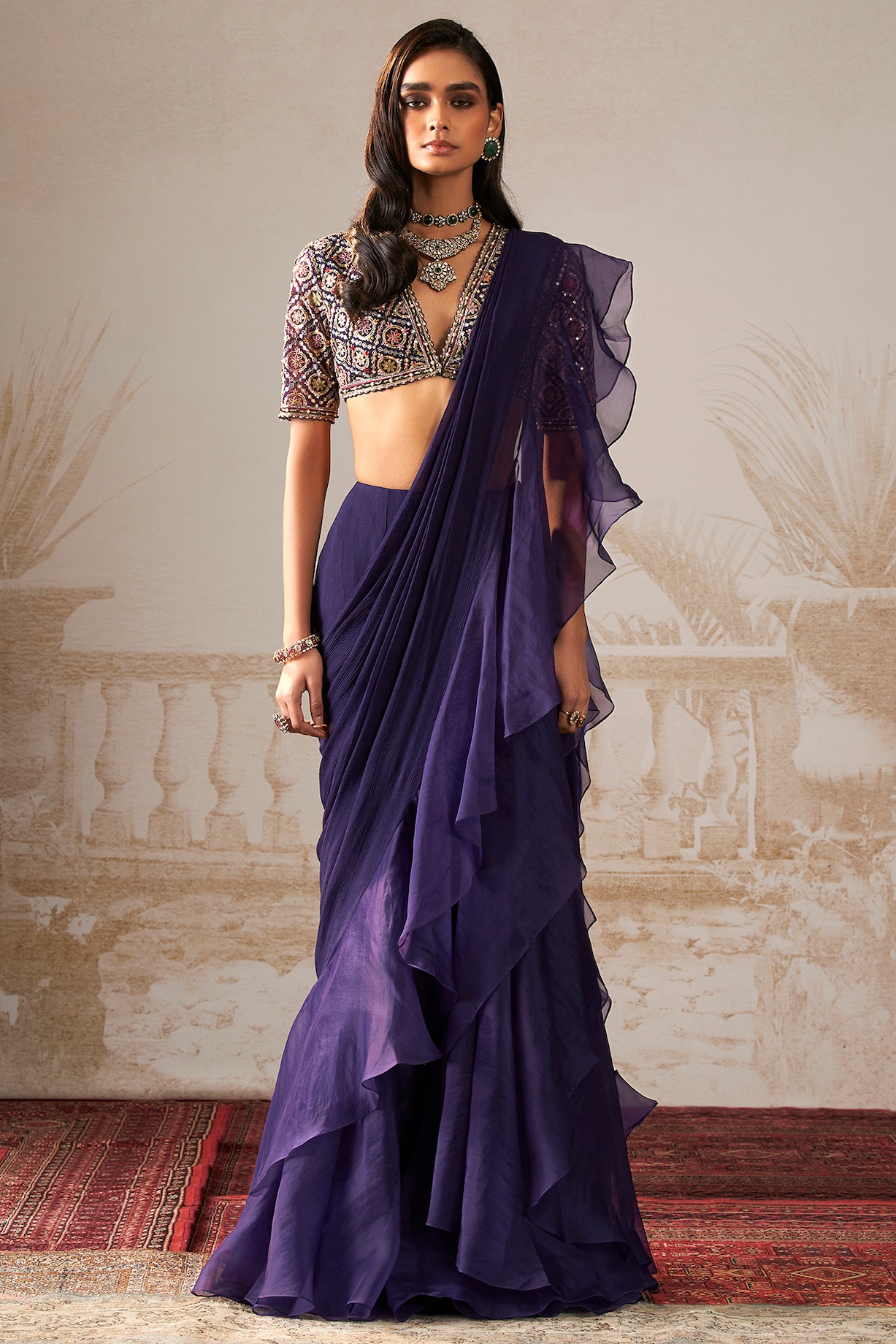 Purple Chiffon & Organza Threadwork Pre-Draped Ruffled Saree Set Design ...