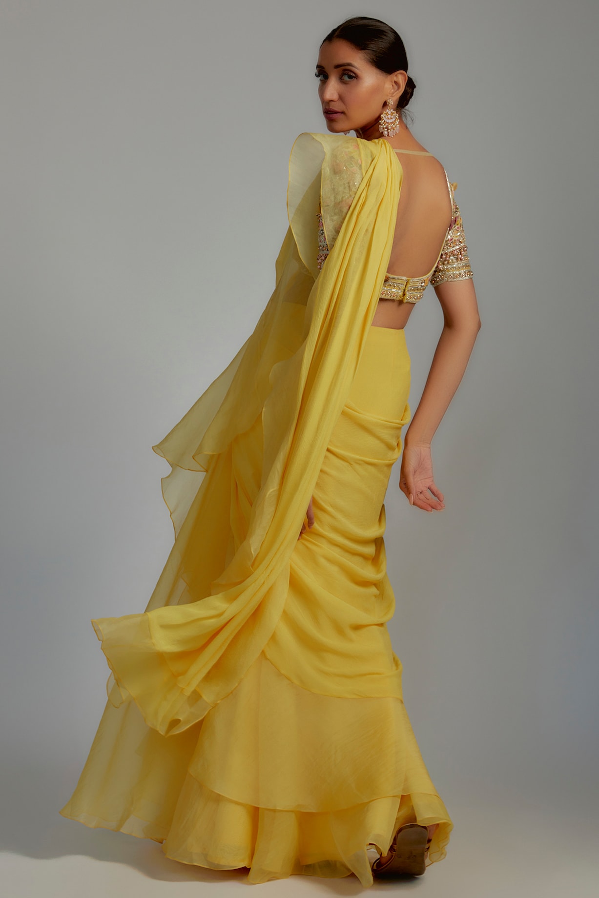 Yellow Chiffon Draped Ruffle Saree Set by Ridhi Mehra at Pernia's Pop ...