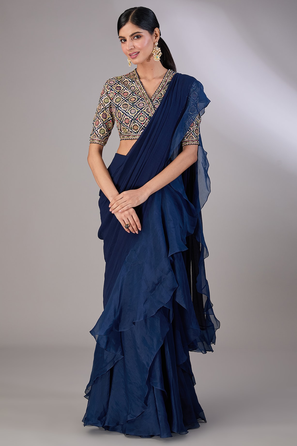 Navy Blue Chiffon & Organza Pre-Draped Ruffled Saree Set by Ridhi Mehra ...