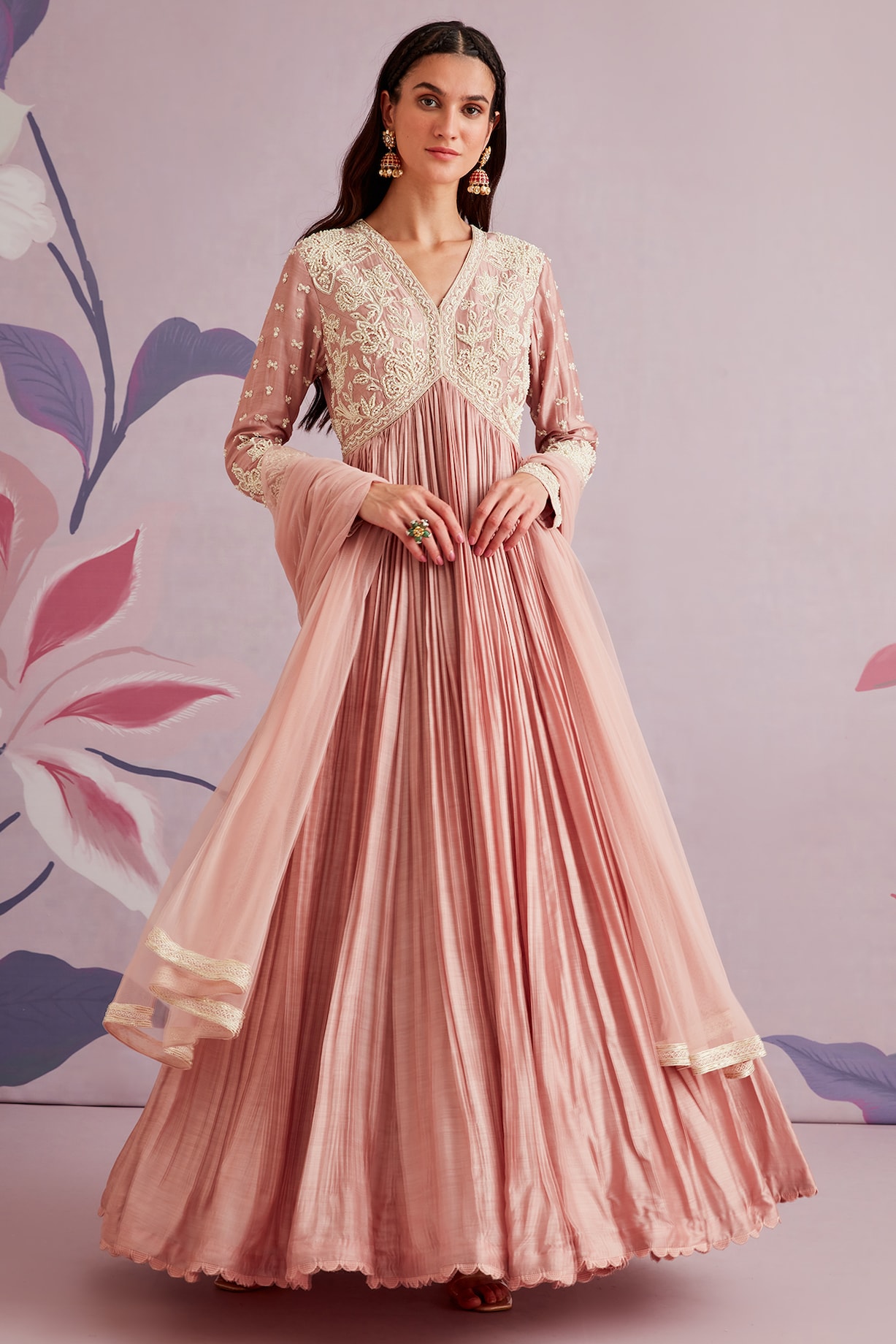 Light Onion Pink Embroidered Anarkali Set Design by Ridhi Mehra at ...