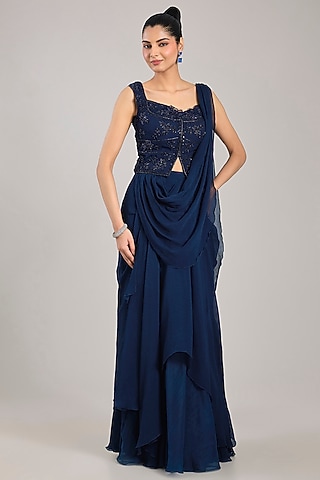 Navy Blue Georgette Draped Reception Saree Set by Ridhi Mehra at Pernia ...