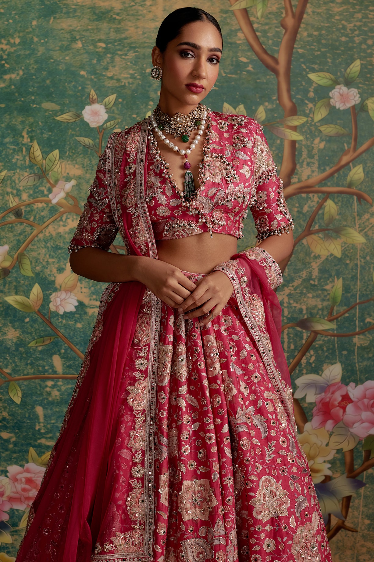 Royal Fuchsia Raw Silk Printed & Pearl Embroidered Bridal Lehenga Set ...