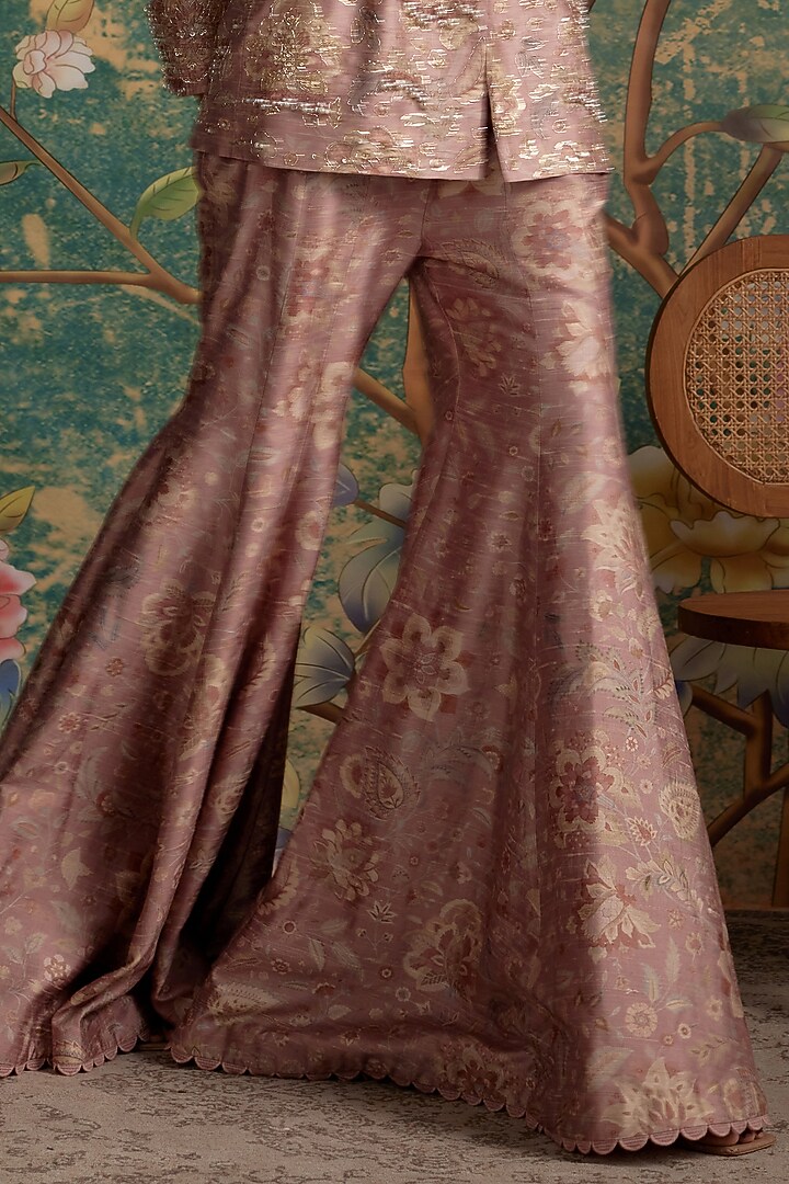 Dusky Pink Raw Silk Printed & Pearl Embroidered Jacket Set by Ridhi ...