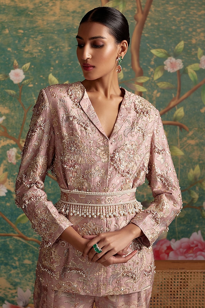Dusky Pink Raw Silk Printed & Pearl Embroidered Jacket Set by Ridhi ...