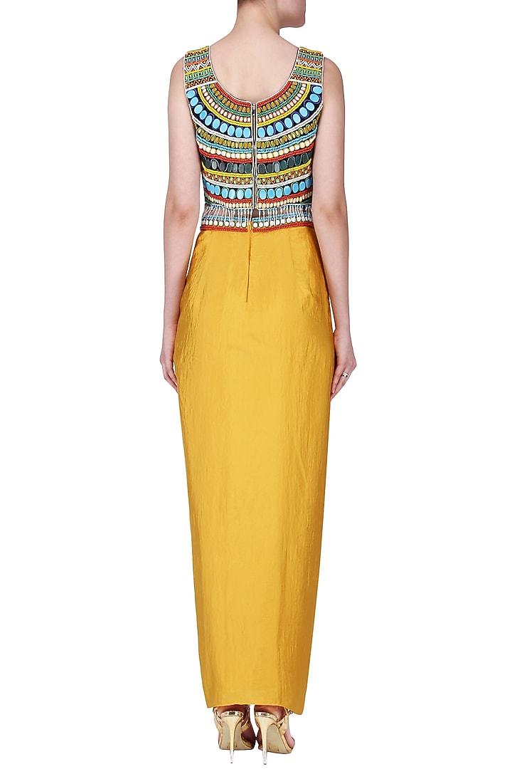 Mustard beaded crop top and drape skirt set available only at Pernia's ...