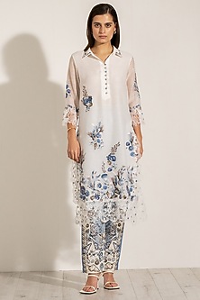 White Dhaka Linen Embroidered Tunic by Ranna Gill at Pernia's Pop Up ...