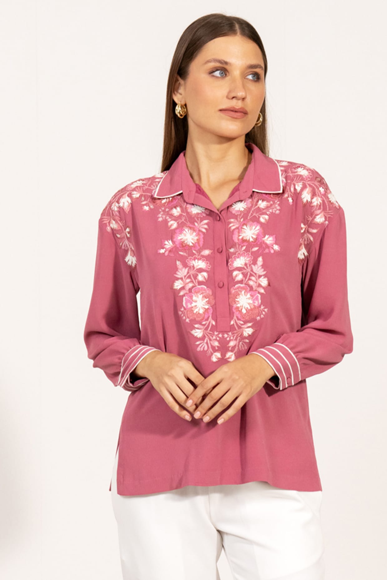 Turkish Rose Pink China Georgette Embroidered Top by Ranna Gill at ...