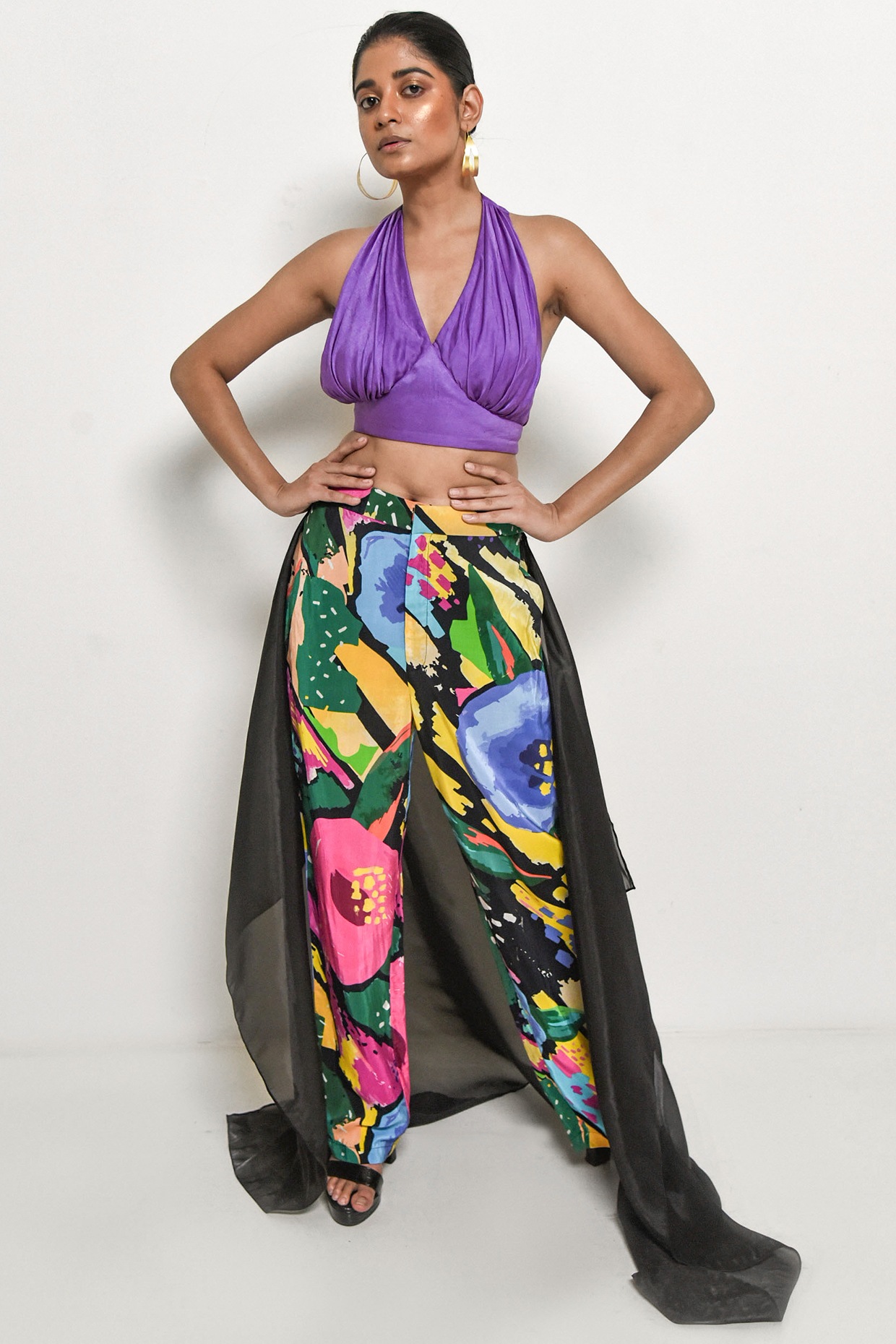 Black Crepe Modal & Modal Satin Floral Printed Co-Ord Set by Rimi Nayak ...