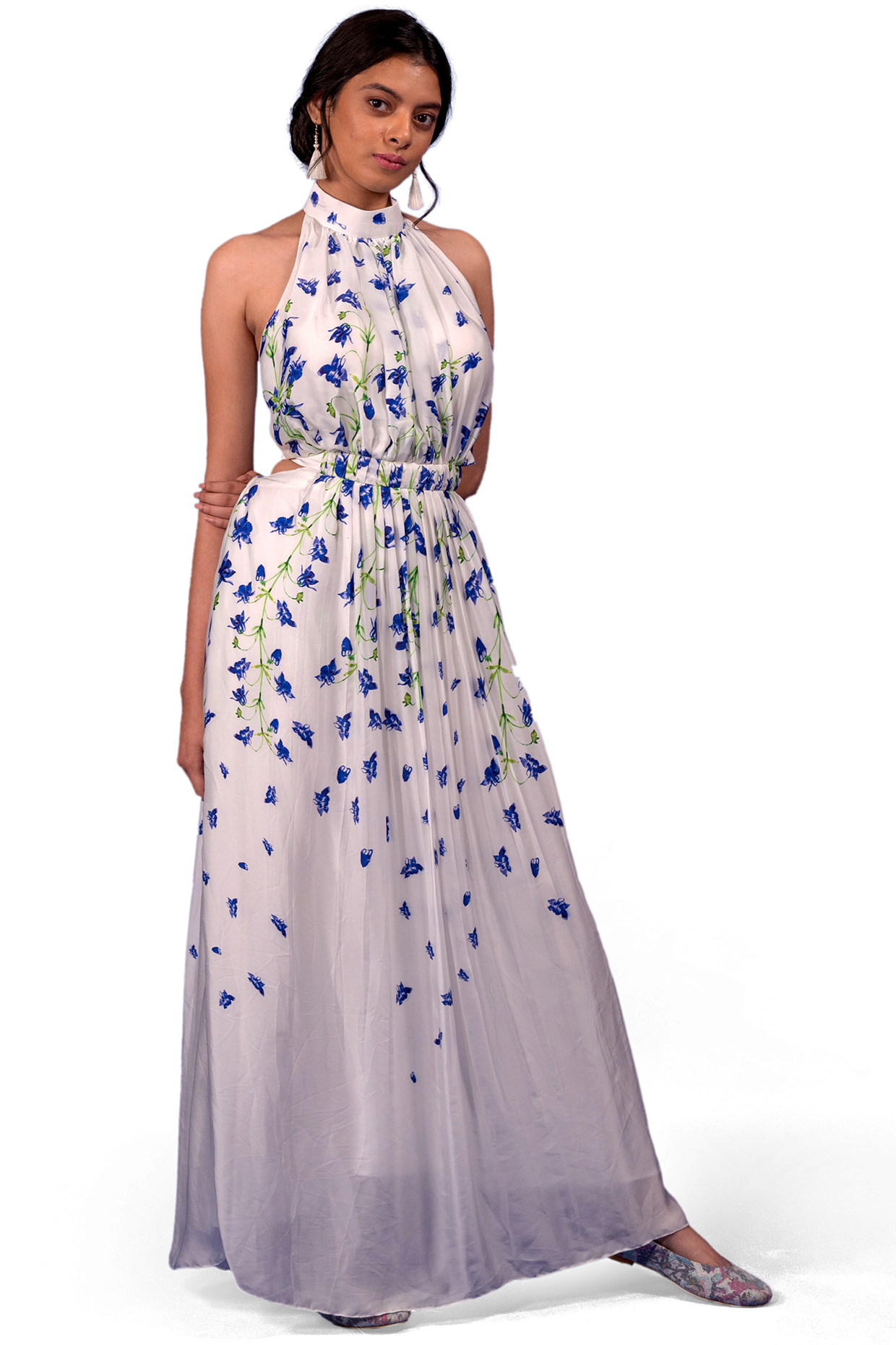 White Modal Satin Floral Printed Maxi Dress by Rimi Nayak at Pernia's ...