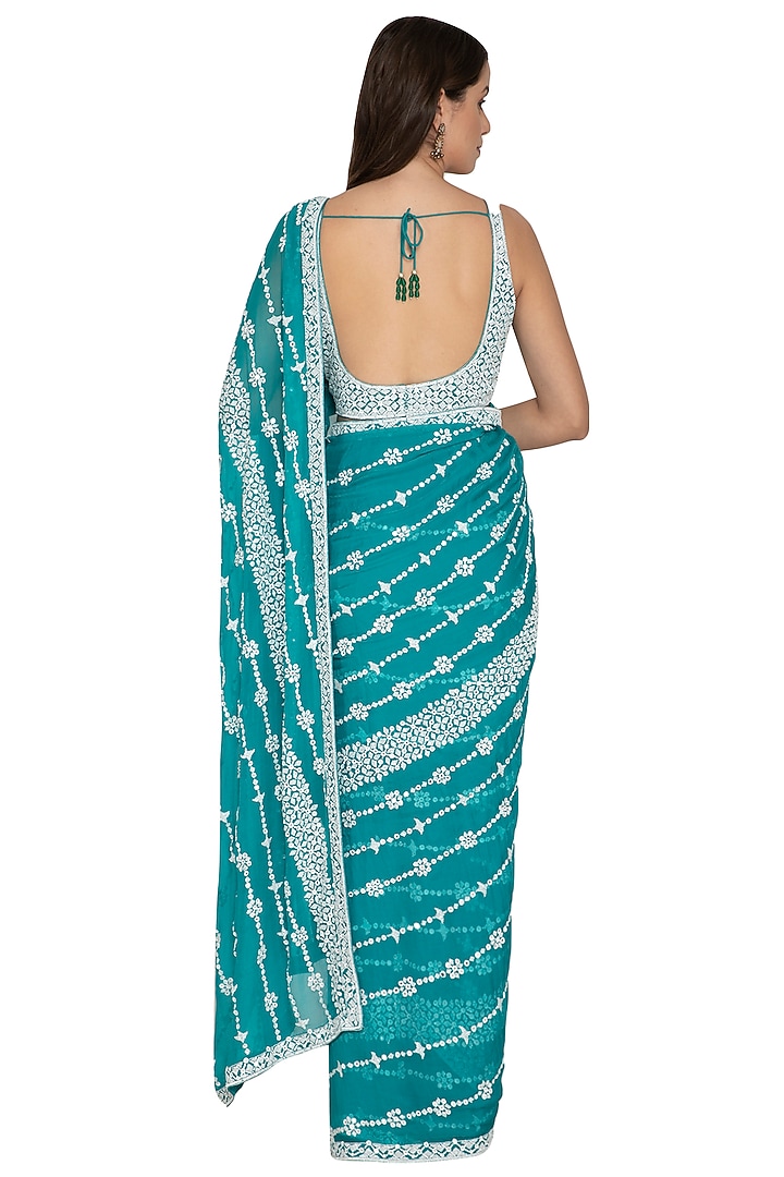 Turquoise Blue Chiffon Sequins Embroidered Saree Set by Rabani & Rakha ...