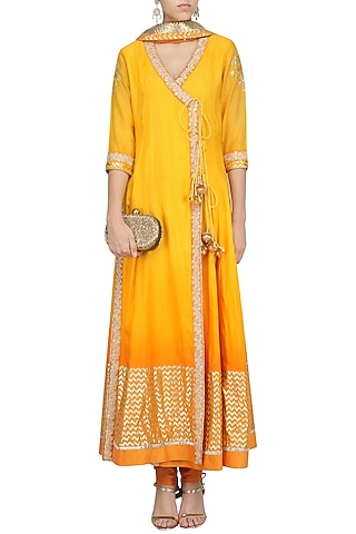 Yellow ombre embroidered angrakha anarkali set available only at Pernia ...