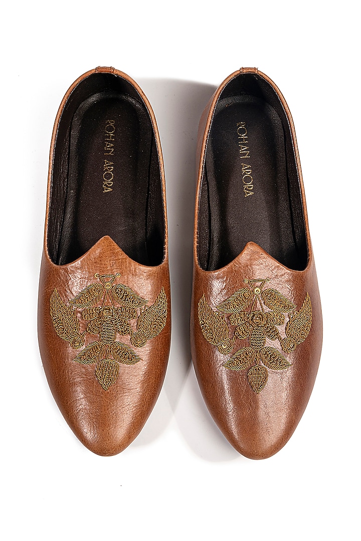 Tan Leather Embellished Mojris by ROHAN ARORA at Pernia's Pop Up Shop 2024