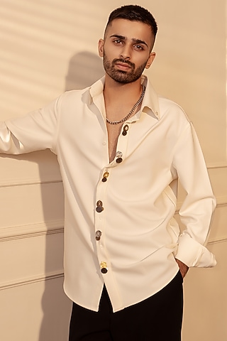 Off-White Lachka & Armani Fabric Party Wear Shirt by Rohit Doshi at ...