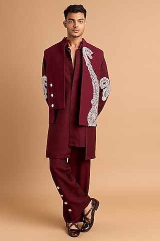 Maroon Cotton Matka Bundi Jacket by Rohit Doshi at Pernia's Pop Up Shop ...