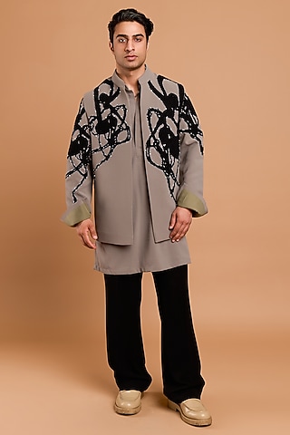 Grey Poly Crepe Bundi Jacket by Rohit Doshi at Pernia's Pop Up Shop 2025