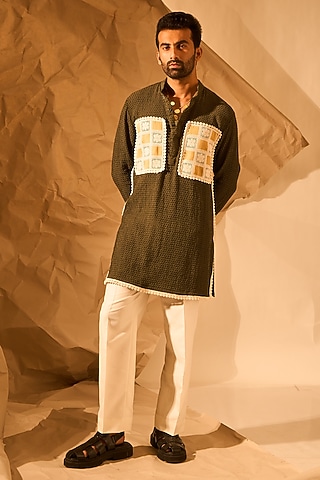 Olive Green Textured Fabric Handwork Kurta by Rohit Doshi at Pernia's ...