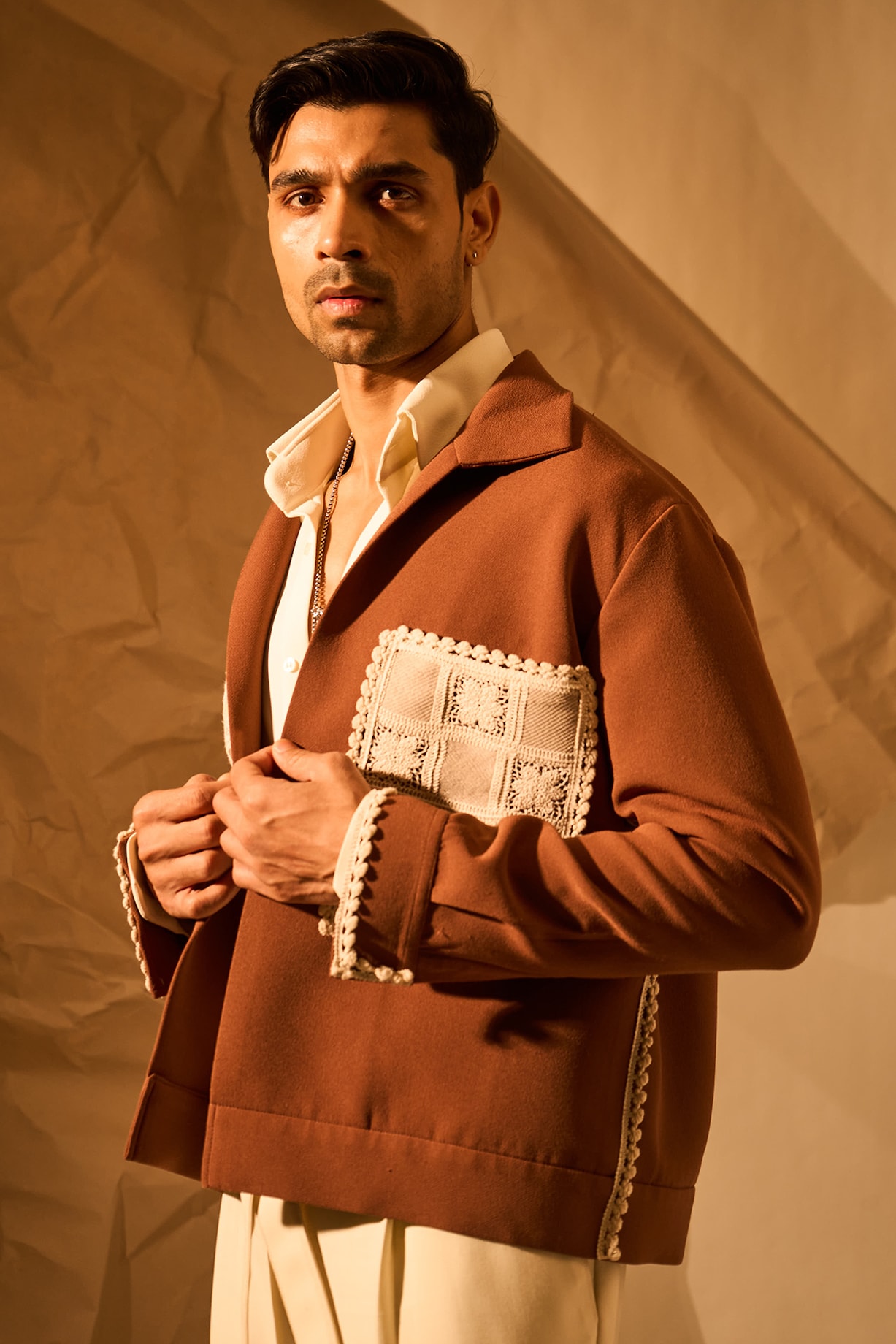 Mushroom Brown Lachka & Armani Fabric Shacket by Rohit Doshi at Pernia ...