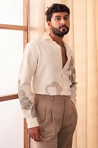 Off-White Lachka Fabric Hand Work Wedding Shirt by Rohit Doshi at ...
